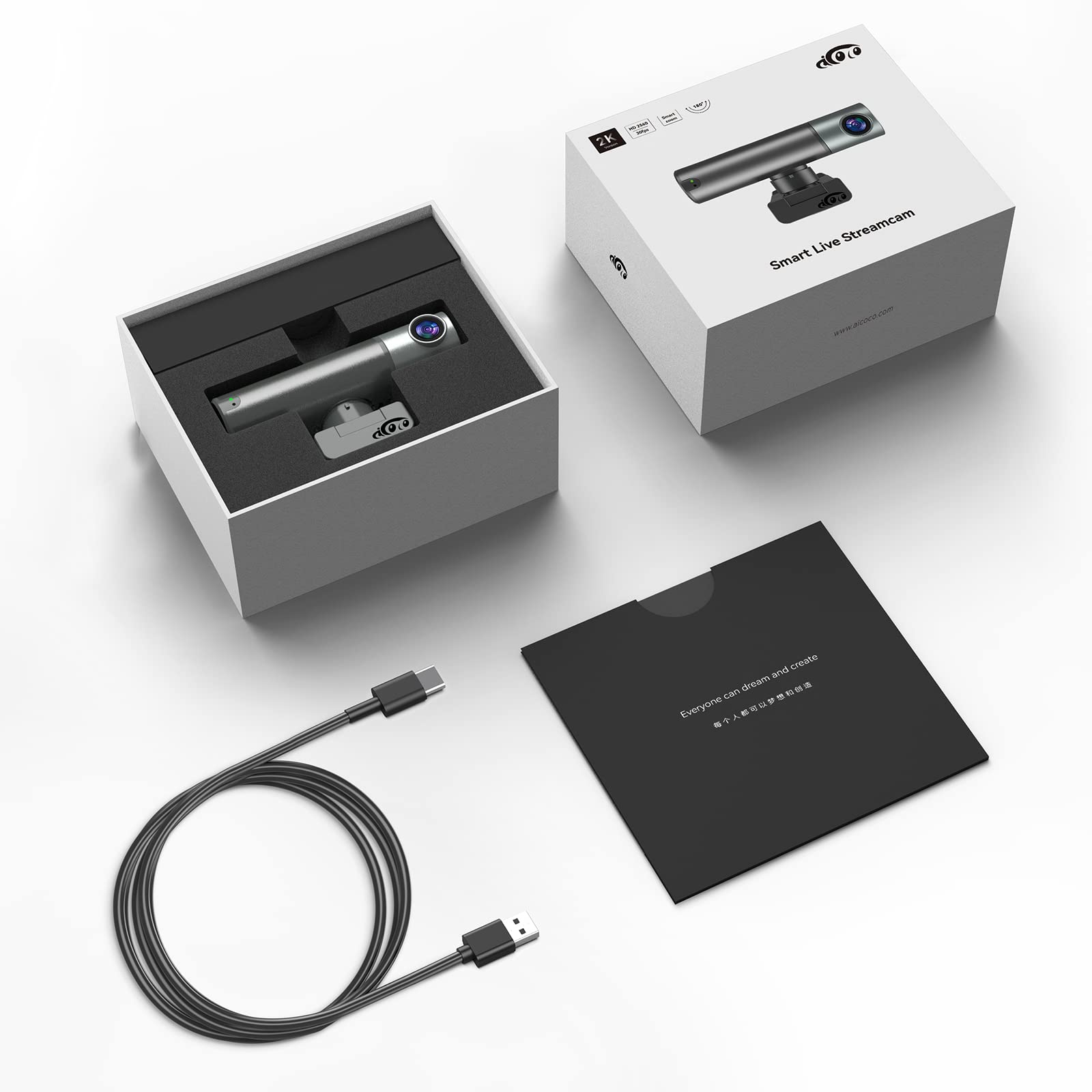 aicoco Webcam, 2K Web cam with Intelligent Sensor, AI Auto Tracking, Gesture Control, 2X Zoom, Noise-Canceling Microphones, No App, Computer Camera for YouTube Gaming Conference Teaching Streaming