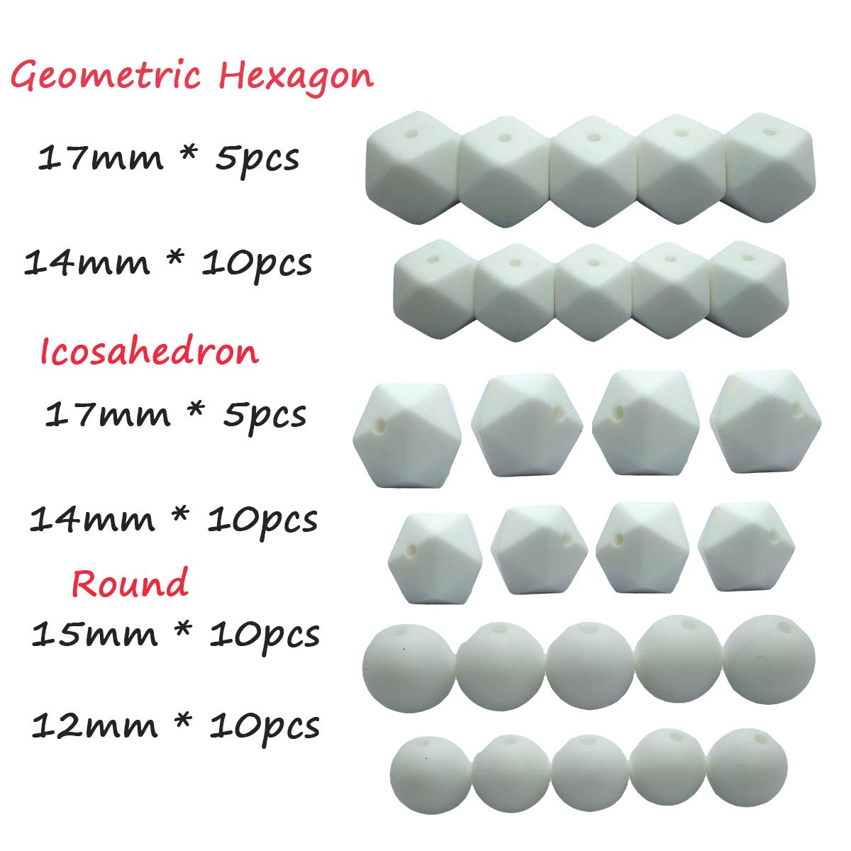 Alenybeby 50pcs DIY Silicone Pearl Beads Set 14/17mm Hexagon Icosahedron 12/15mm Round Beads for Keychain Mom Craft Necklace Jewelry Making