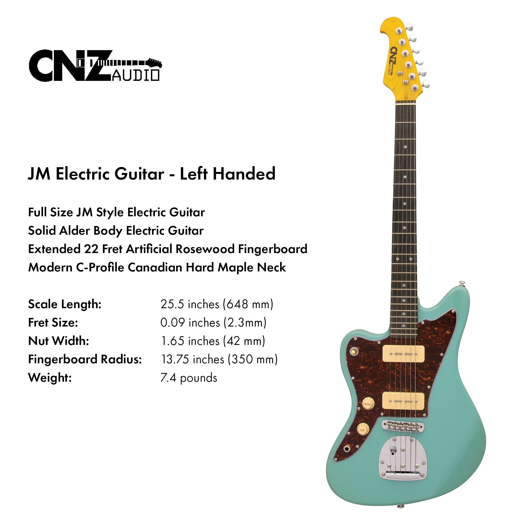 CNZ Audio JM Electric Guitar - Left Handed - Transparent Midnight Blue, Amber Maple Neck, Rosewood Fingerboard, Ivory Pickups & 3ply Tortoise Pickguard