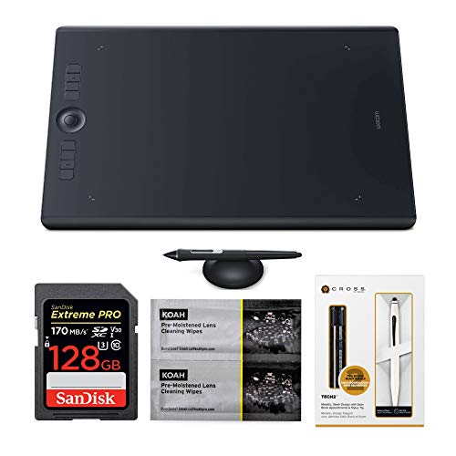 Wacom PTH860 Intuos Pro Creative Pen Tablet (Large) Bundle with Memory Card, Lens Cleaning Wipes (100-Pack), and Ballpoint Pen (White) (4 Items)