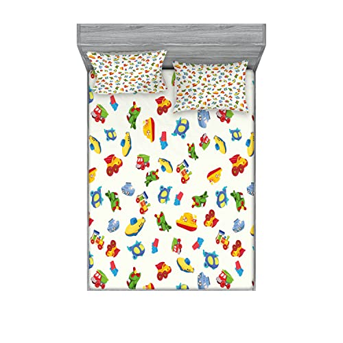 Ambesonne Plane Fitted Sheet & Pillow Sham Set, Airplane Boat Ship Helicopter Submarine Car Truck Van Boys Cartoon Transportation, Decorative Printed 6 Piece Bedding Decor Set, King, Multicolor