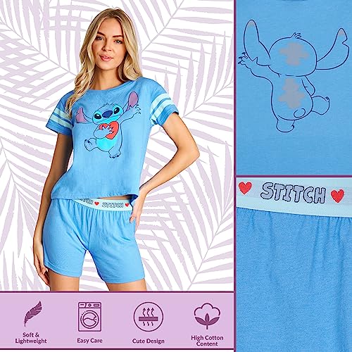 Disney Stitch Womens Pyjamas Short PJs for Women Sets Two Piece Eeyore Nightwear Sleepwear Stitch Gifts (Blue Stitch, M)
