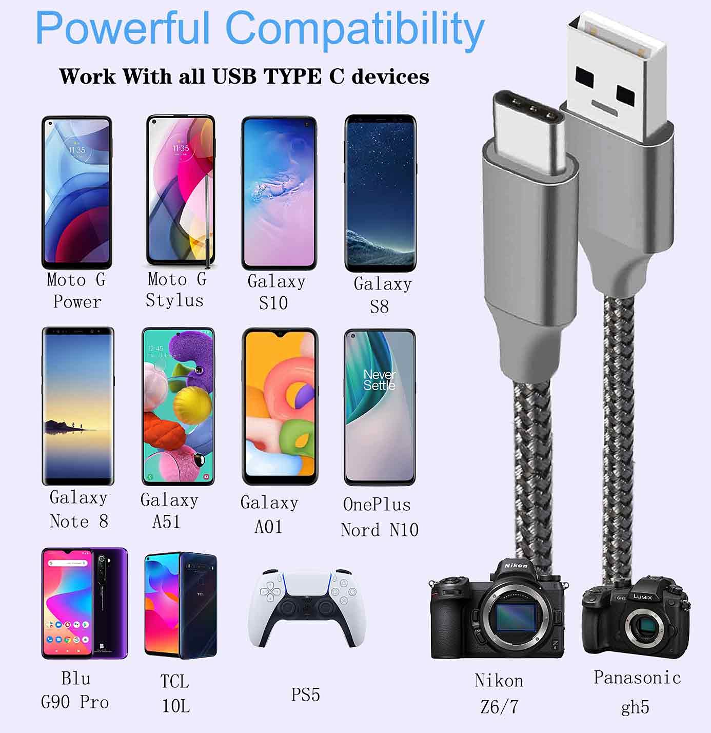 USB C ChargerCable 10FT,3Pack CileenLongFastChargingCordCompatibleForMotoGPower/Stylus,Samsung S10/S9/S8,Note8,A51/A01/A11,Tab S6/7Lite,OnePlusNord N10,NikonZ6/7,BLU G90 Pro,TCL 10L,PS5 3P-10F-Gray