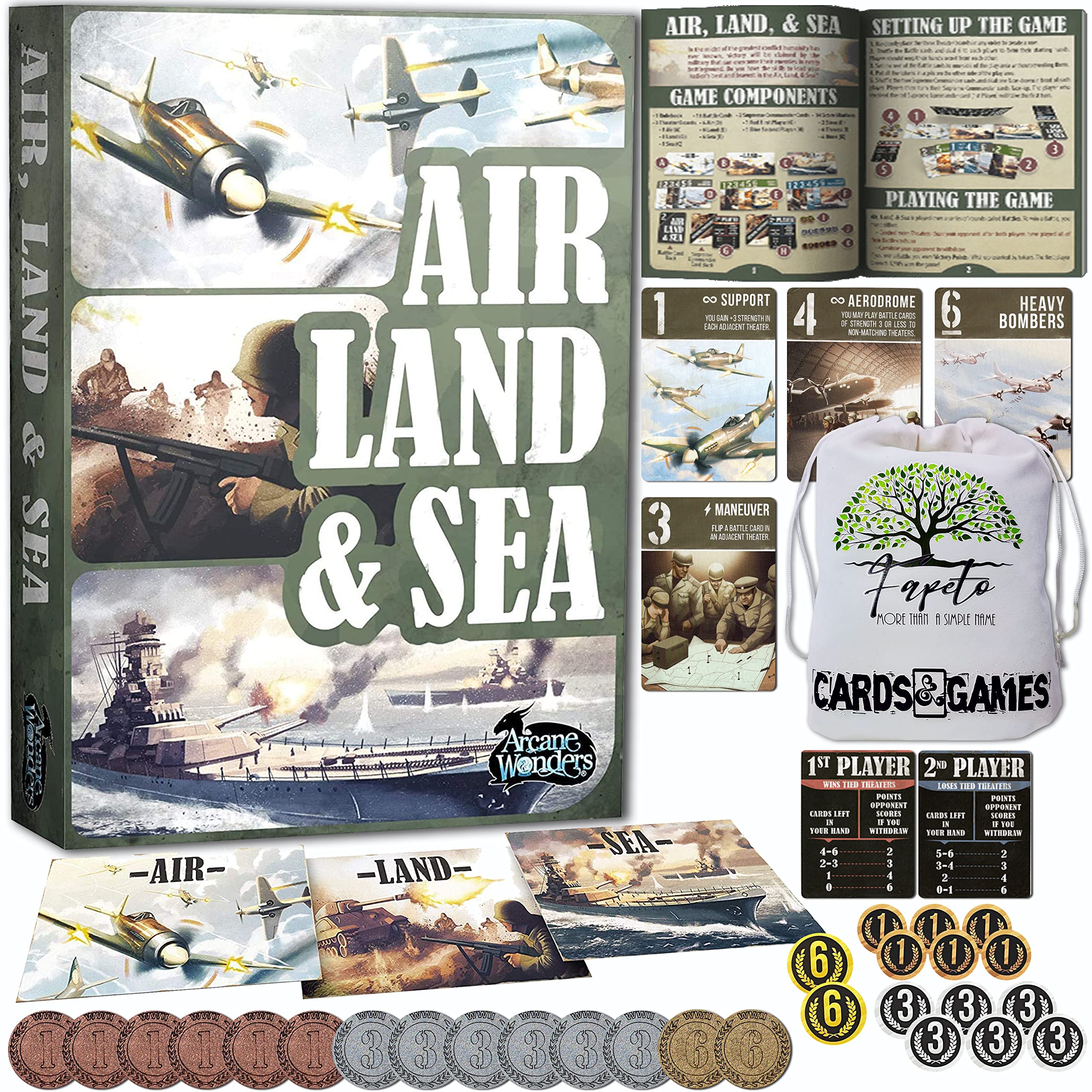 Fapeto more than a simple name Drawstring Bag and Compatible Tokens Bundle with Air, Land & Sea Card Game, a World War II Fast Card Game
