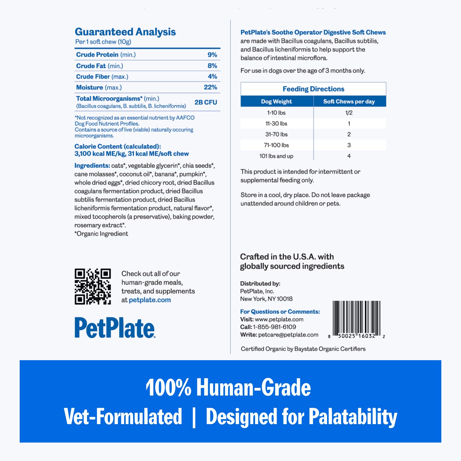 PetPlate Soothe Operater Digestive Soft Chews for Dogs, Made with Prebiotics & Probiotics, USDA Organic Supplement, Grain-Free, Human-Grade, Pet Supplies, (Pack of 1, 9.8 Ounce)