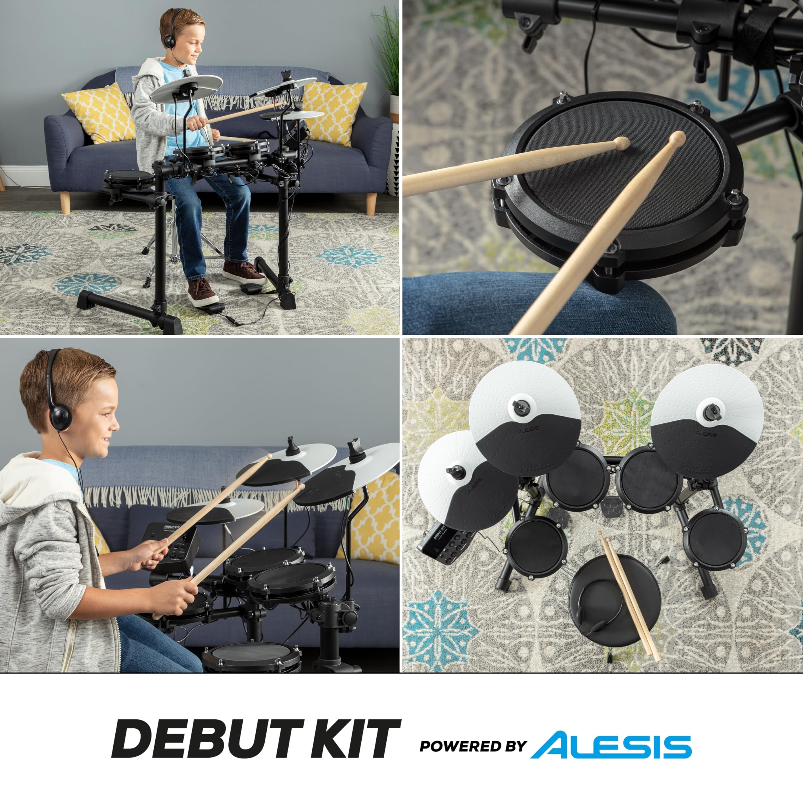 Alesis Drums Debut Kit β Kids Drum Set With 4 Quiet Mesh Electric Drum Pads, 120 Sounds, Drum Stool, Drum Sticks, Headphones and 100 Melodics Lessons