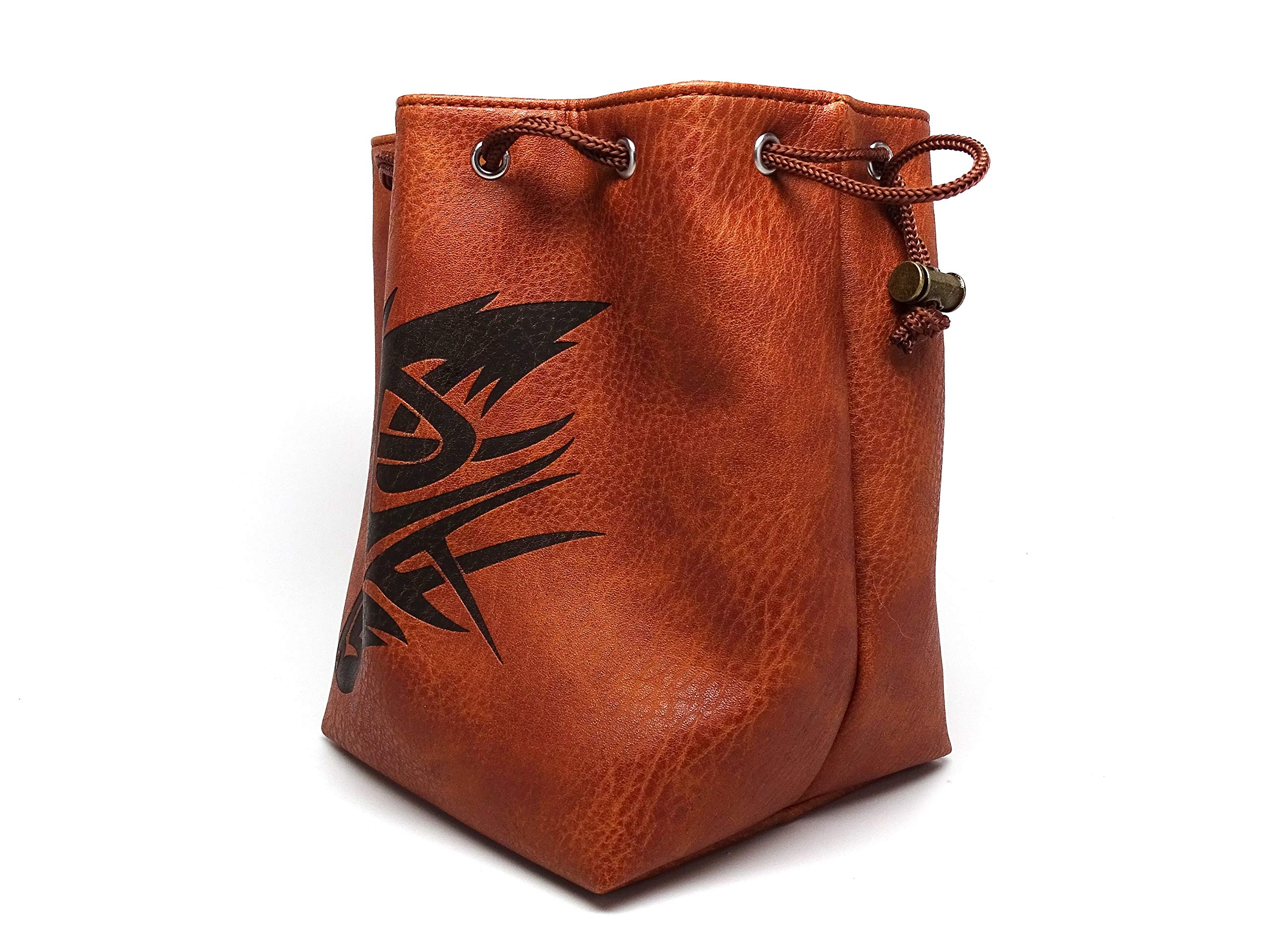 Brown Leather Lite Large Dice Bag with Wolf Design - Brown Faux Leather Exterior with Lined Interior - Stands Up on its Own and Holds 400 16mm Polyhedral Dice