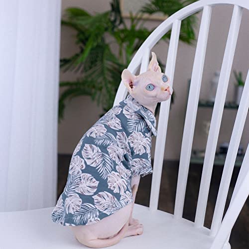 Hairless Cat T-Shirt Breathable Summer Cotton Hawaiian Shirts Short Sleeve Button Closure Turn Down Collar Leaf Print Cat Clothes Vest Apparel for Sphynx, Cornish Rex, Devon Rex, Peterbald (XXL-)
