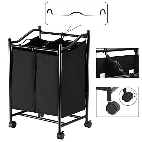 SONGMICS 2 Rolling Sorter, Laundry Basket on Wheels, Hamper with Removable Bags, Total Capacity 90L, Black LSF002BK, Polyester, 50,5 x 41 x 79,9 cm (L x B x H)