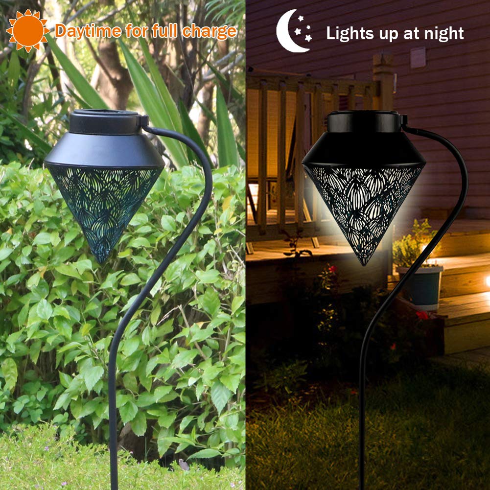 Bownew Garden Metal Solar Pathway Lights Outdoor Decorative Path Lights with Hanging Flower Lanterns for Patio and Yard - Set of 2