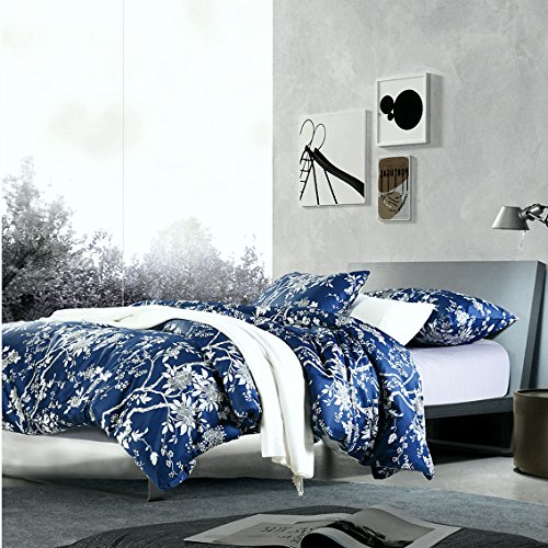 Eastern Floral Chinoiserie Blossom Print Duvet Quilt Cover Navy Blue Tan White Asian Style Botanical Tree Branches Ornamental Drawing 400TC Egyptian Cotton 3pc Bedding Set (King)