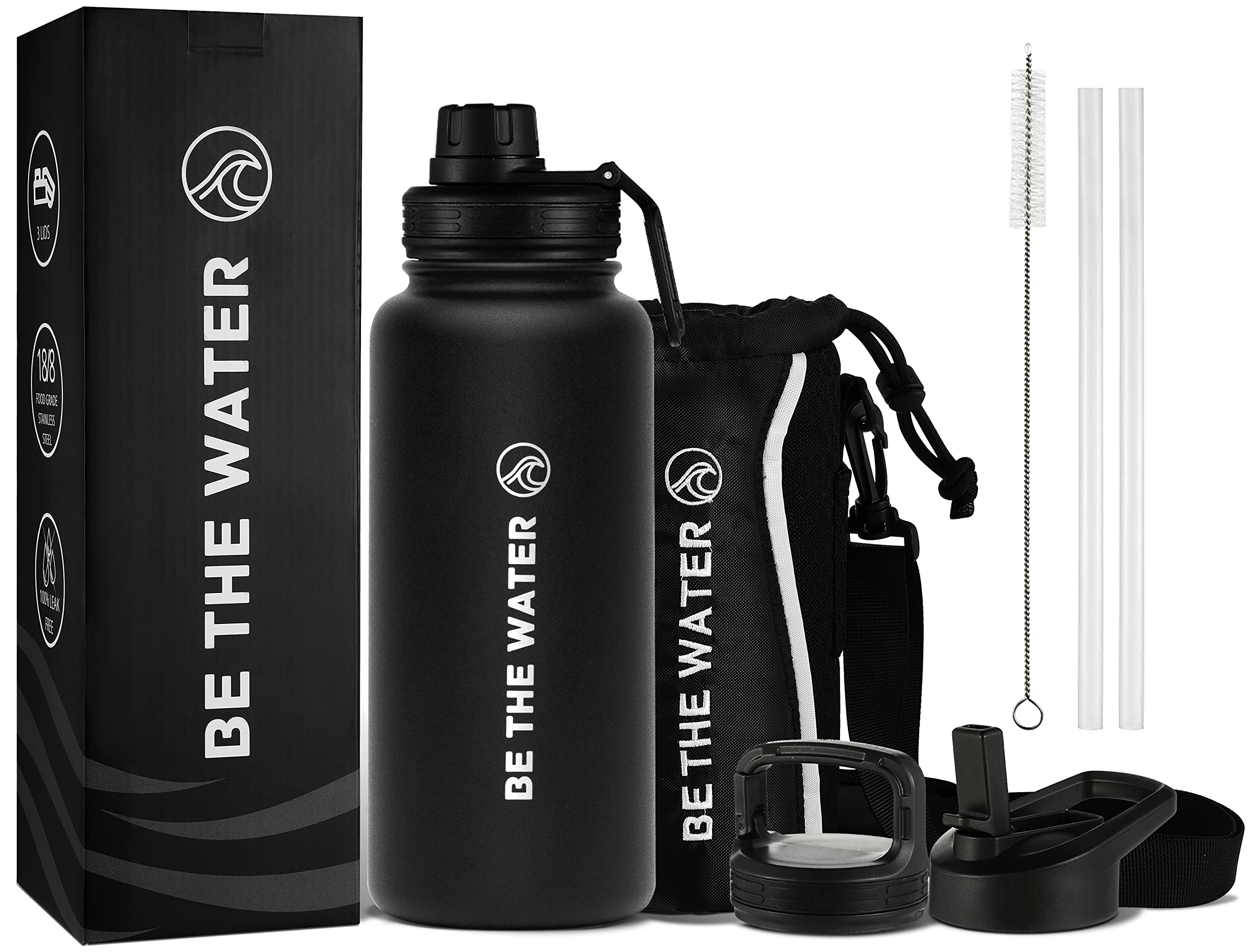 BE THE WATER 32 oz Sports Water Bottle with a Pouch 3 Lids 2 Straws - Keeps Hot and Cold Water, Leak Proof, Double Walled Vacuum Insulated Stainless Steel, Metal Water Bottles