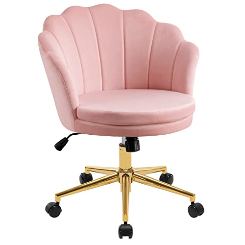 Furnimart Home Office Chair with Wheels Upholstered Comfy Velvet Desk Chair Stool, Adjustable Swivel Modern Seashell Back Vanity Chair for Living Room, Bedroom, Office (Pink)