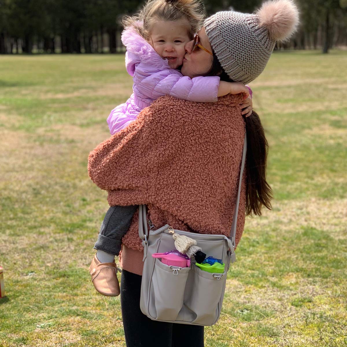 anjie + ash Crossbody Parent Bag, Diaper Bag for Mom, Compact Bag, Vegan Leather (Fog)