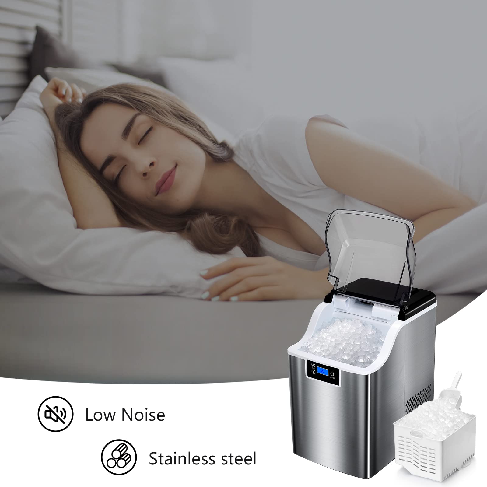 R.W.FLAME Nugget Ice Maker Countertop, Pebble/Pellet Ice Maker,Ice Ready in 10-15 Mins, 44Lbs/24H, Auto Self-Cleaning, with LCD Screen for Home Office Party Bar,Silver