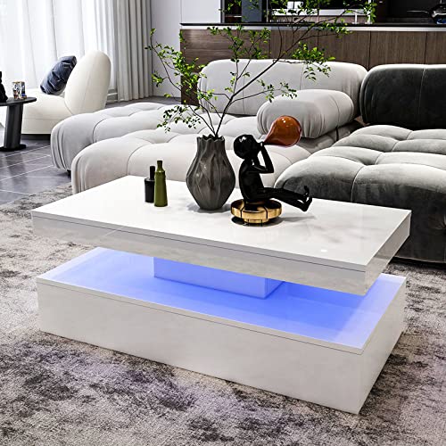SUCXDZQ Modern Coffee Table with RGB LED Light, High Gloss Coffee Table with Remote Control for Living Room, White