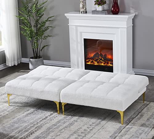 Convertible Couch Bed Futon with Gold Metal Legs, Modern Multi-Functional Convertible Sofa Bed, Teddy Fabric, Small Sectional Sofa, Perfect for Living Room, Bedroom, Office, Apartment (White)