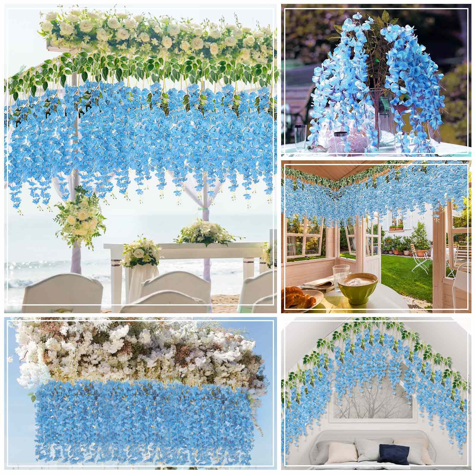 Ranslen 48 Pieces Artificial Wisteria Flower Hanging Silk Garland Vine Ratta Wedding Decor String Home Party Garden Outdoor Decoration Supplies (Blue, 48)