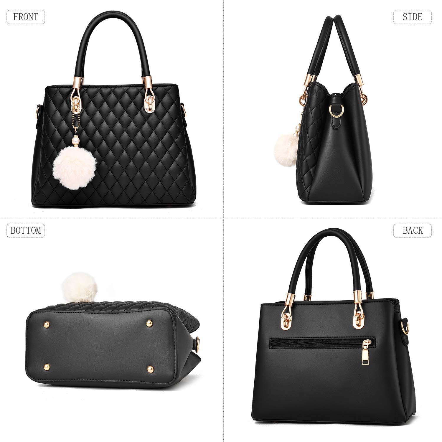 Womens Leather Handbag Purses Top Handle Quilted Shoulder Bag Totes Satchel for Ladies with Pompon