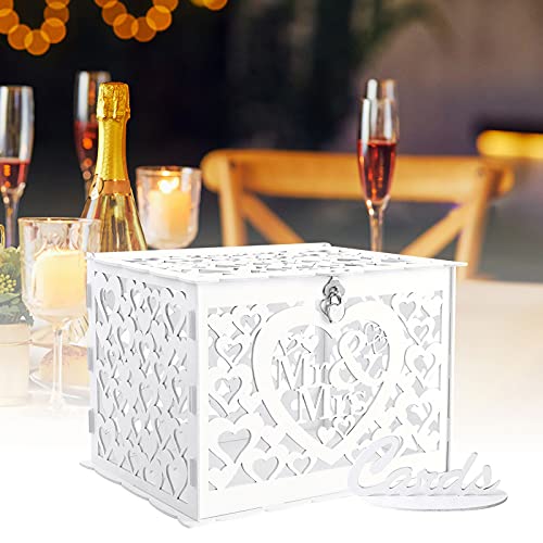Ywlake Wedding Money Box Holder with Sign, Large Rustic Wood Wooden DIY Envelope Gift Post Card Boxes with Lock Slot for Reception Anniversary Graduation Birthday Party Parties (Mr & Mrs, White)