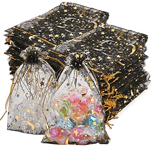 FUSHENMU 100pcs 4x6 Inch Black Organza Jewelry Gift Bag,Moon Star Drawstring Candy Bag Pouch for Wedding Baby Shower Party Gift Wrapping Supply