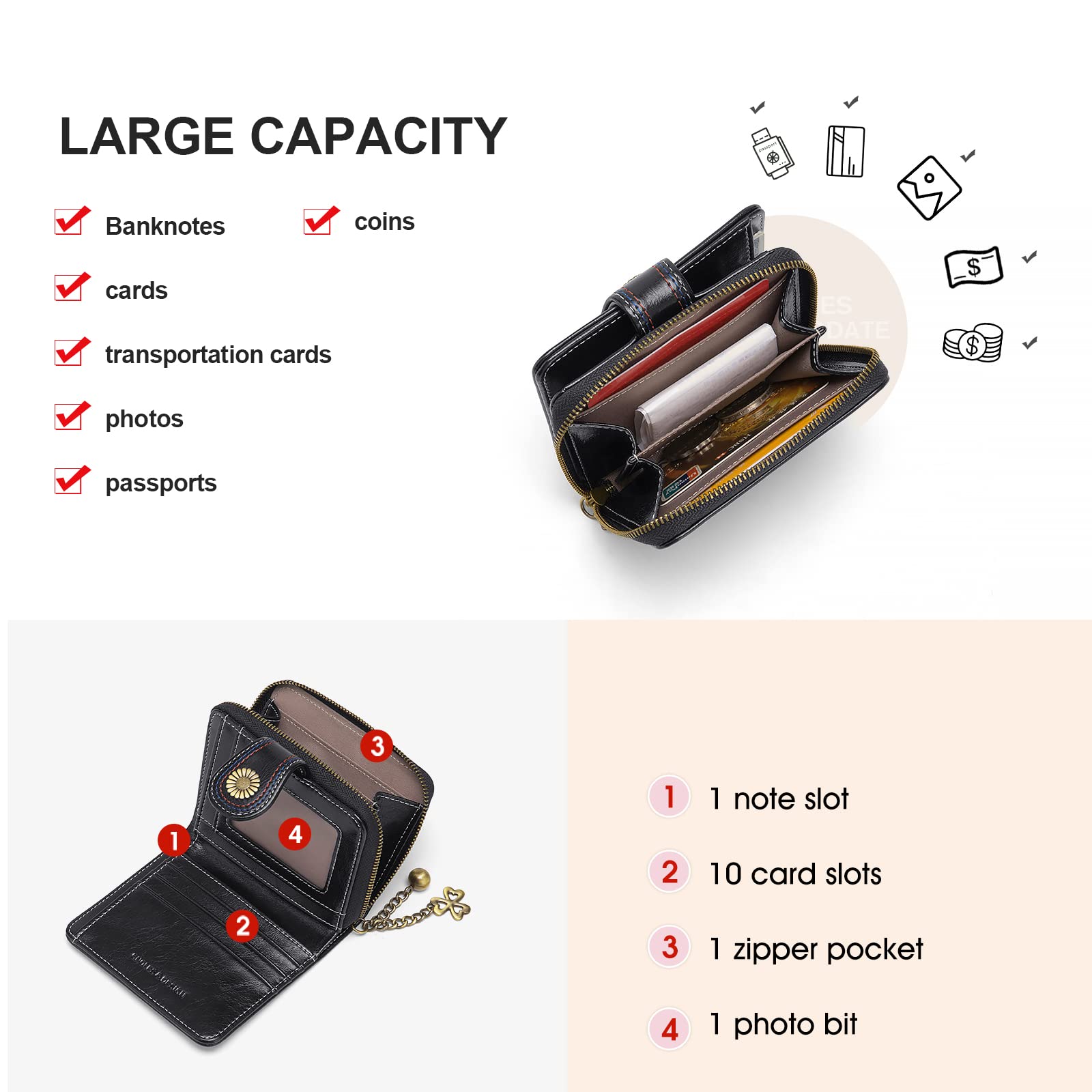 Cnoles Small Genuine Leather Wallets For Women Small Bifold Purse Zipper Pocket Wallet with ID Window Black
