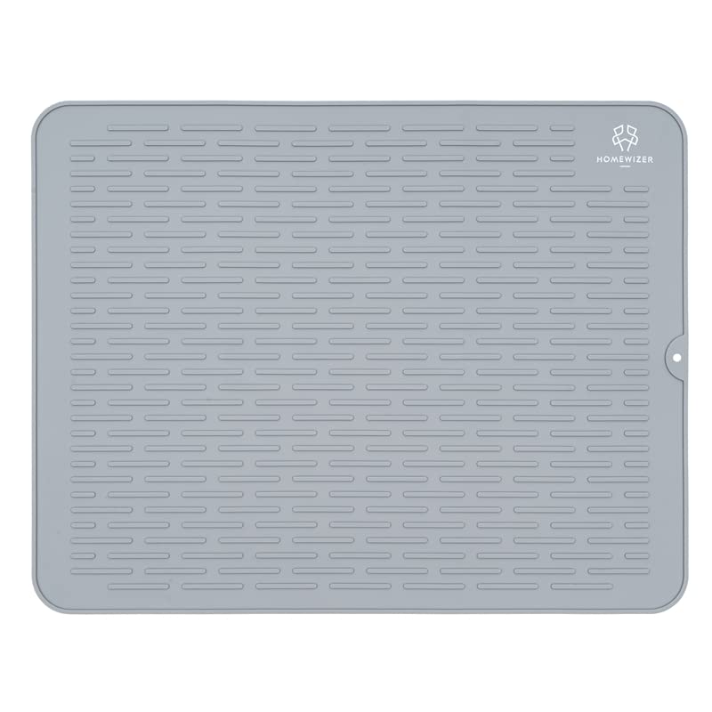 Homewizer Extra Large, 23” x 18” Silicone Dish Drying Mat for Kitchen Counter, Heat Resistant, Non-Slip Design, Quick Dry, Easy Clean, Raised Edge Holds Water, BPA Free, Food Grade Silicone- Gray