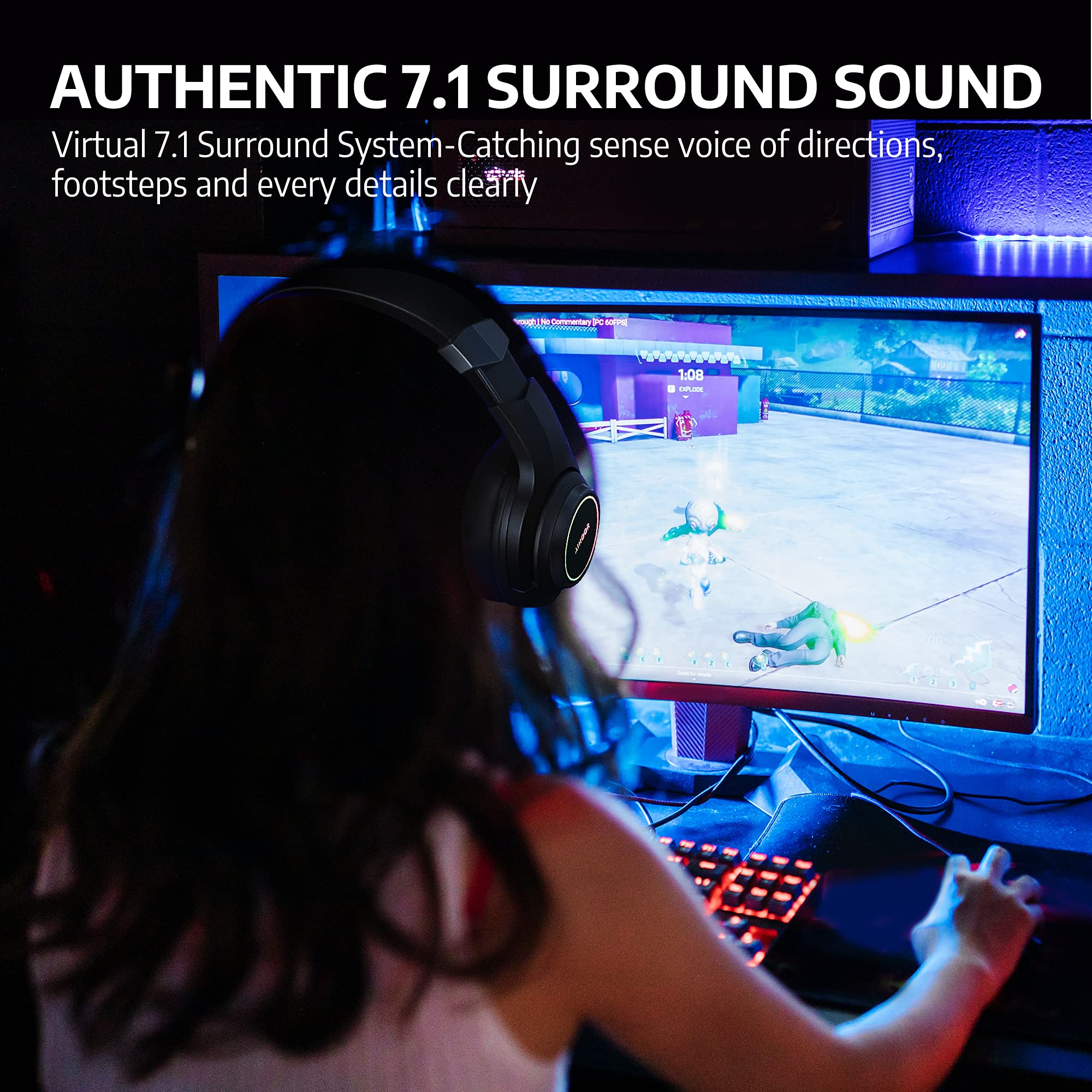 AIHOOR Gaming Headset with Virtual 7.1 Surround Sound,Over Ear Headphones,Noise Cancelling Microphone,Ultra-Low Latency Games & LED Light Soft Memory Protein Earmuffs for PC Mac Computer Games- Black