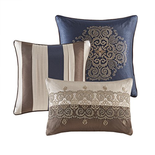 Madison Park Comforter Faux Silk-Traditional Luxurious Jacquard Design All Season Set, Matching Bed Skirt, Decorative Pillows, King(104"x92"), Navy 7 Piece
