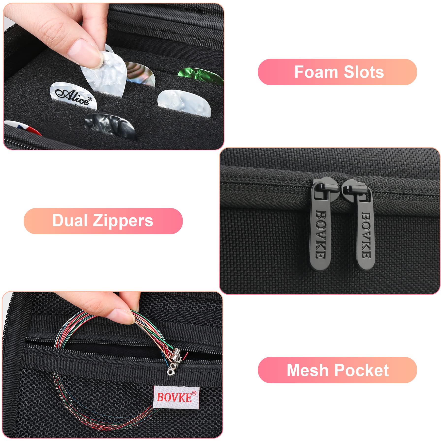 BOVKE Guitar Picks Holder Case for Fender, ChromaCast, D'Addario, JIM DUNLOP, Bolopick, MUSICAL INSTRUMENT All Size Guitar Picks, Mesh Pocket for String Winder, Bridge Pins, Black (Case Only)