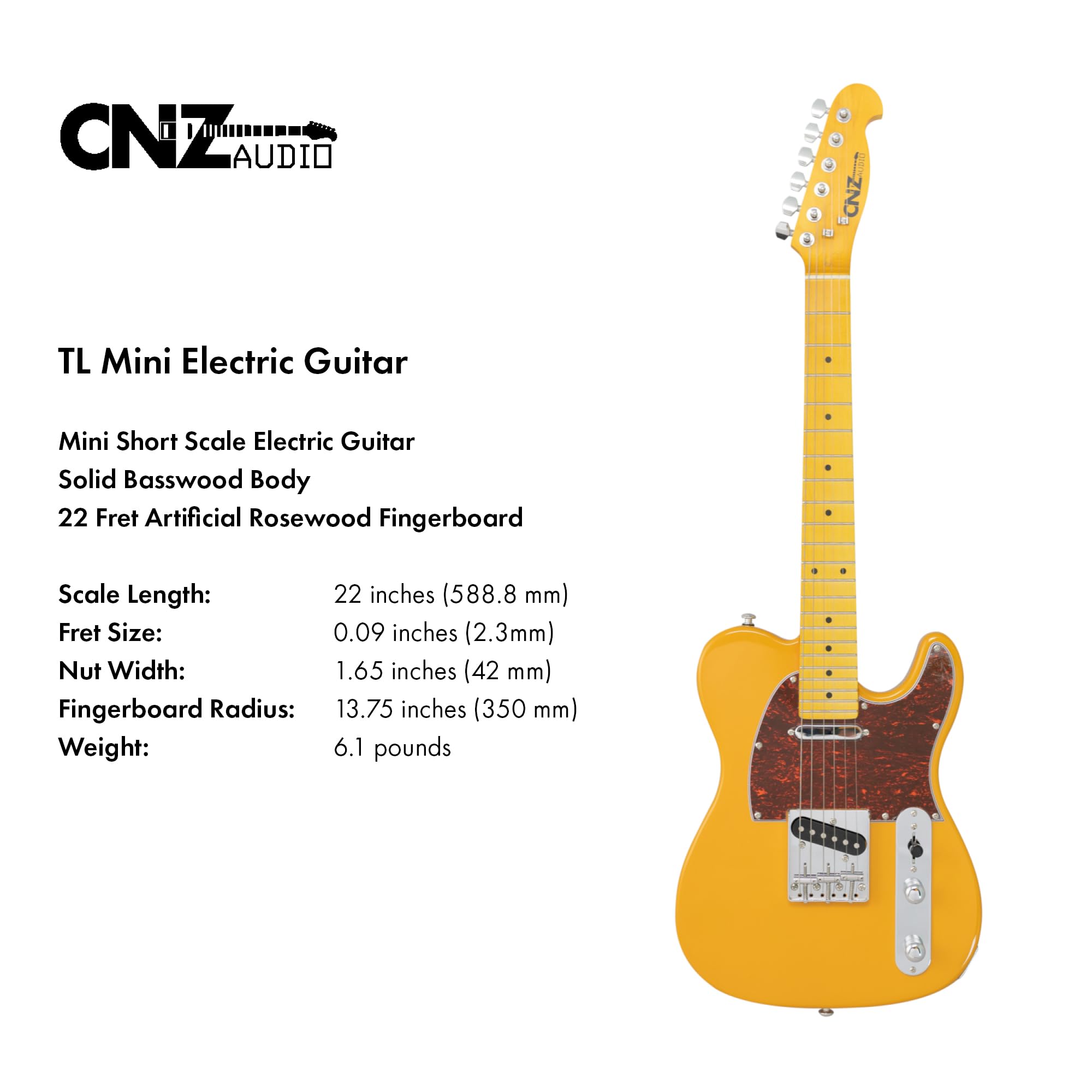 CNZ Audio TL Mini Electric Guitar - White Finish, Black Pickguard, 3/4 Short Scale, 7/8 size Guitar, 2 Single Coil Pickups, C Shaped Maple Neck, Classic Look & Feel