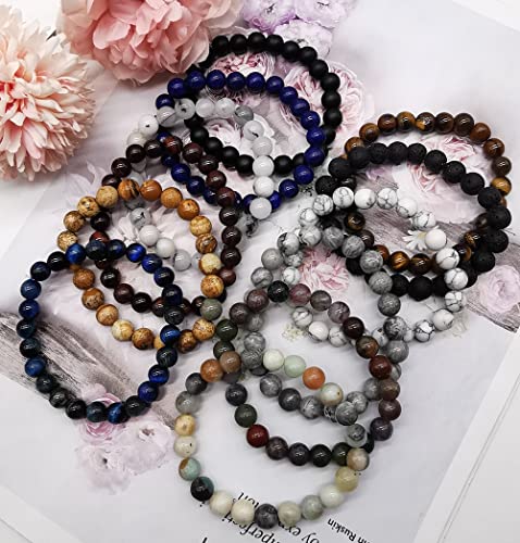 FINZOR 12 Pcs 8mm Gemstones Beaded Bracelets for Men Women Semi-Precious Stone Healing Stretch Round Bead Crystal Bracelets Unisex