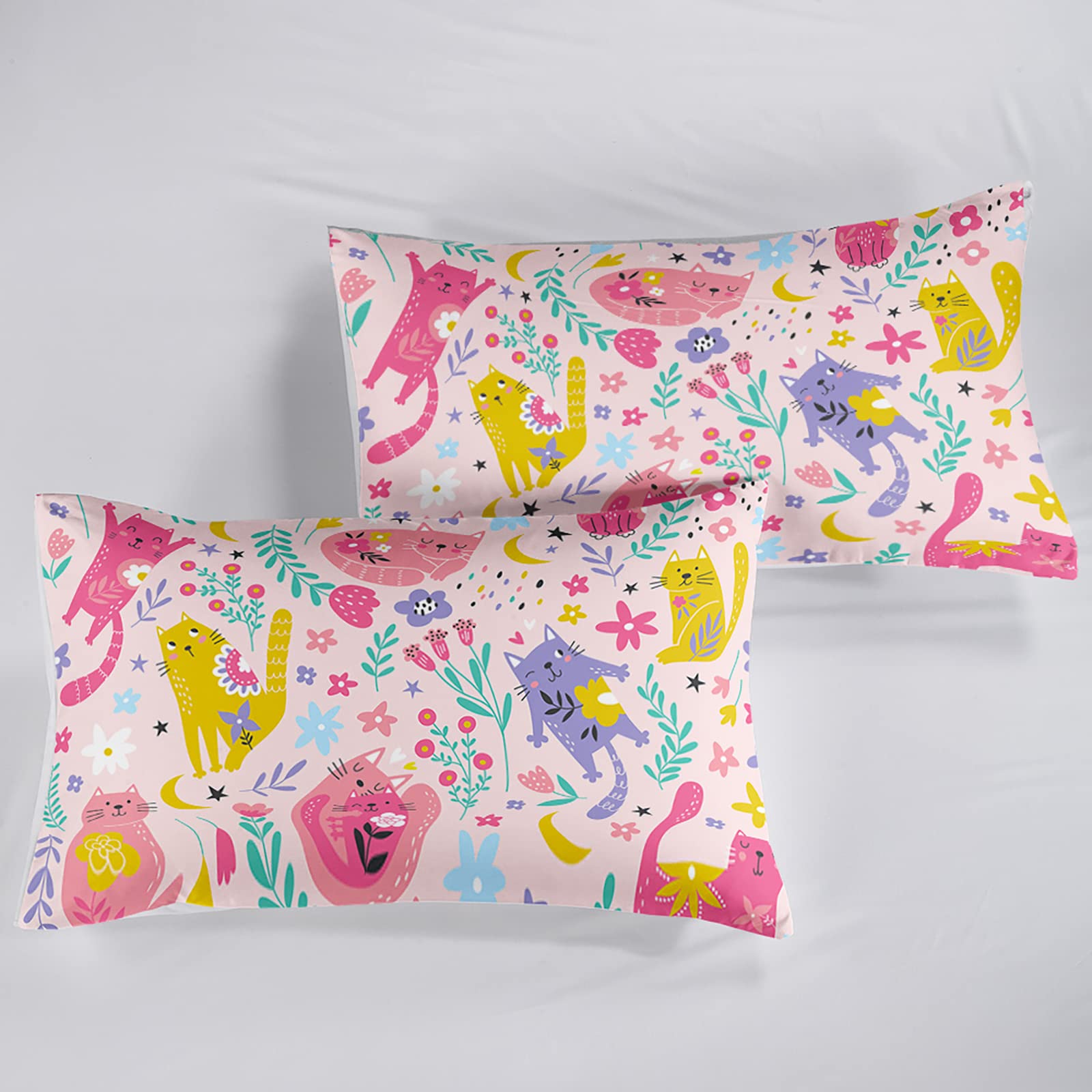 QOOMO Floral Cat Comforter Twin Size,Pink Cat Comforter Set for Kids Teens Girls,3Pcs Bedding Set Printed Comforter with 2 Pillowcases,Down Alternative,Soft and Lightweight(Pink,Twin Size)