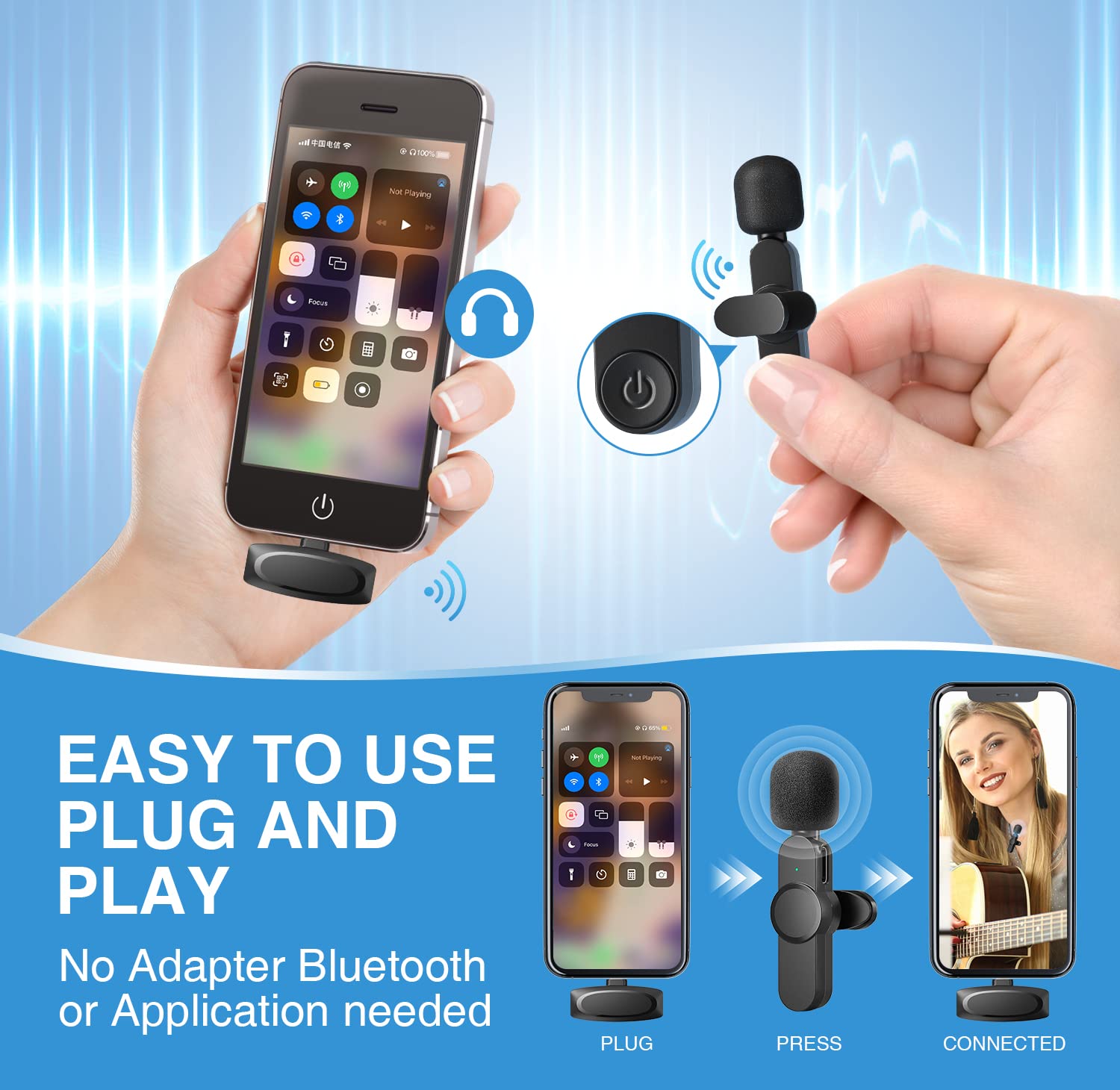 AIKELA Wireless Lavalier Microphone for iPhone iPad, Wireless Microphone 2.4G Ultra-Low Delay Plug-Play Built-in Noise Reduction Chip for Recording,Live Stream,Vlog,YouTube,Facebook,TikTok