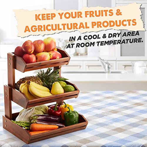 HOLANA Acacia Wood Fruit Basket for Kitchen Countertop - 3-Tier Fruit Bowl Holder, Extra Large 16x12.5x18 inch, Wooden Fruit Stand Storage Organizer for Vegetable, Bread, Snack