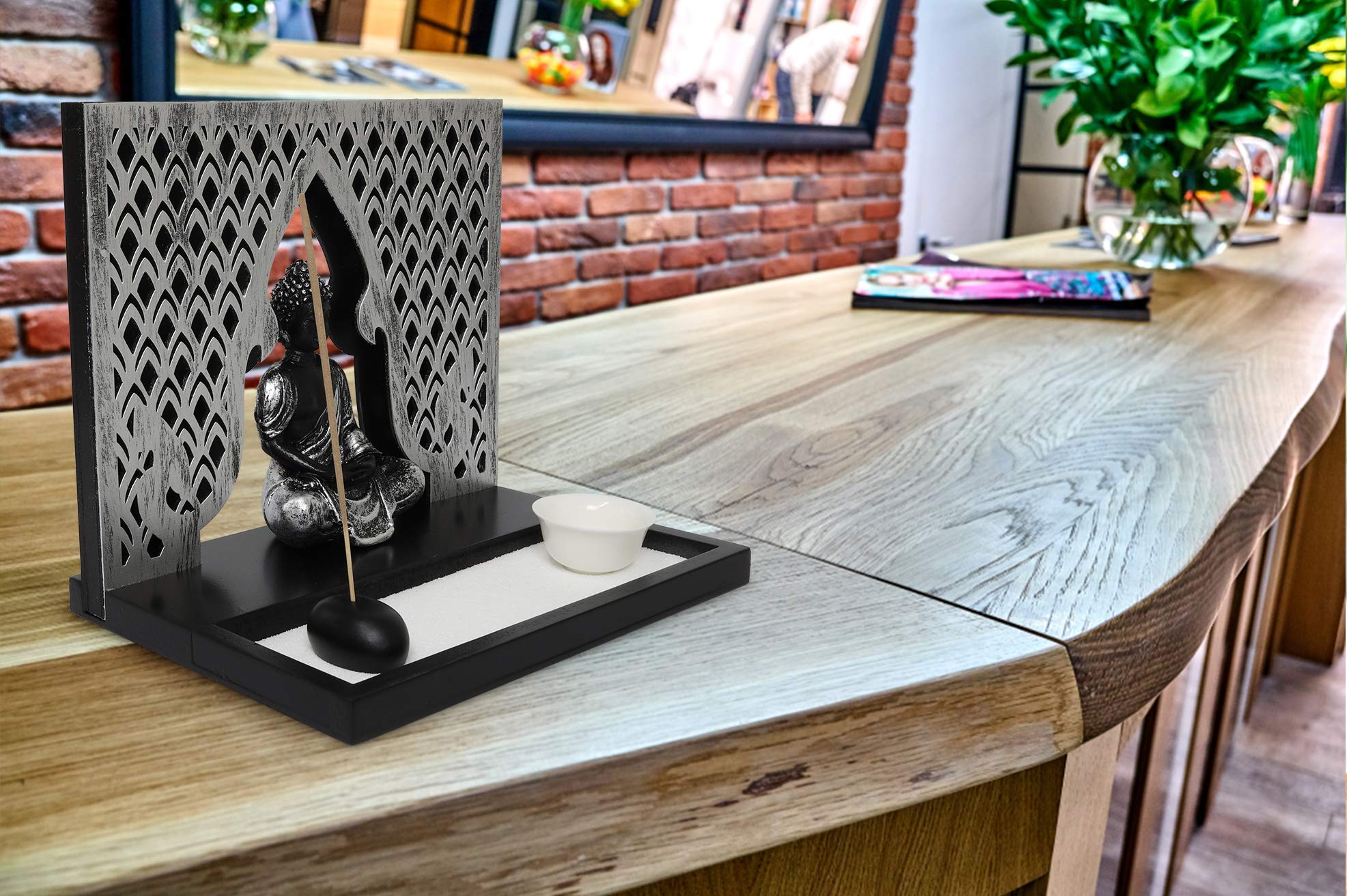 Basic Fundamentals Zen Garden Candle Holder Home Decor - Buddha Incense Stick Holder Office Desk Accessories - Zen Garden Sand Office Decor - Buddha Table Top - 8.75" x6.5”x 8.75”