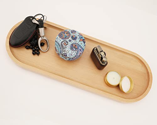 Fermus Wooden Tray 12.5 Inch Long Jewelry Dish Cosmetics Organizer Bathroom Clutter Wood Decorative Serving Platter Small Storage Tray, Oval