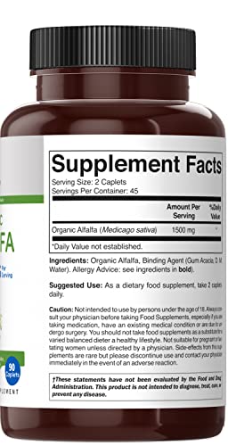 Brieofood Organic Alfalfa 1500mg, 45 Servings, Vegetarian, Gluten Free, 90 Vegetarian Tablets