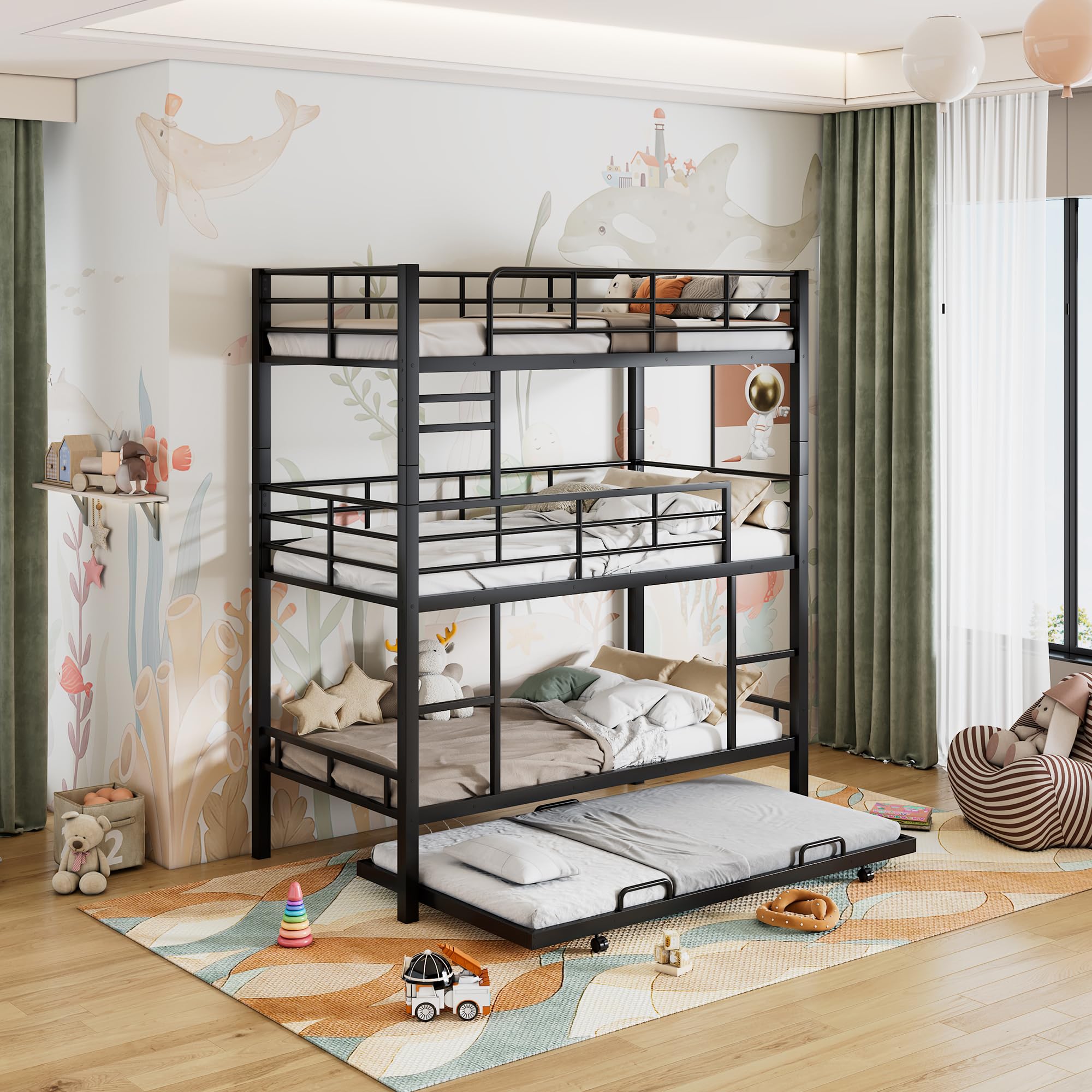 RuiSiSi Triple Twin Metal Bunk Bed with Trundle, 3 Twin Bunk Beds for Kids with Ladder, Can Be Divided Into 2 Beds, Heavy Duty Frame(Black)