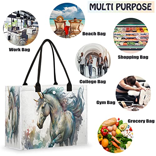cfpolar Unicorn Reusable Grocery Shopping Bag with Hard Bottom, RRQRQR Large Foldable Multipurpose Heavy Duty Tote with Zipper Pockets, Sustainable, Durable and Eco Friendly, Beach Bag