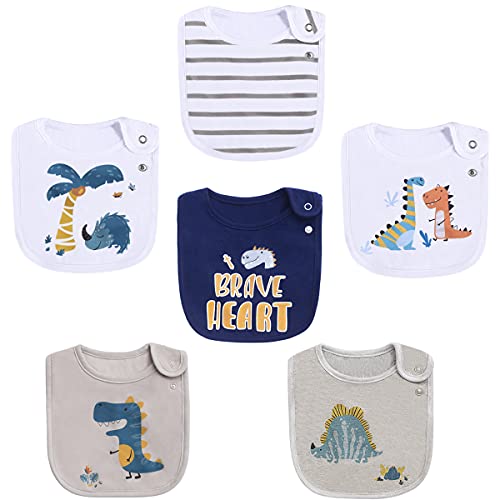 Maiwa 6 Pack Cotton Waterproof Dinosaur Baby Bibs for Boys for Drooling Eating Teething with Snaps,OEKO-TEX certified print
