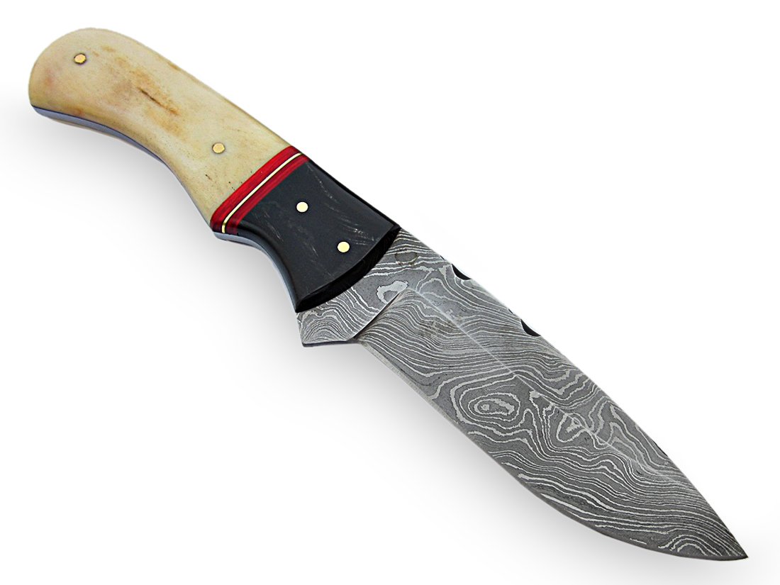 AishaTech Asek Fixed Blade Hunting Knife Damascus Steel Blade Bone Handle