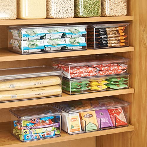 mDesign Plastic Kitchen Pantry and Fridge Storage Organizer Box Containers with Hinged Lid for Shelves or Cabinets, Holds Food, Snacks, Canned Drinks, Seasoning, Condiments, or Utensils, 2 Pack, Clear