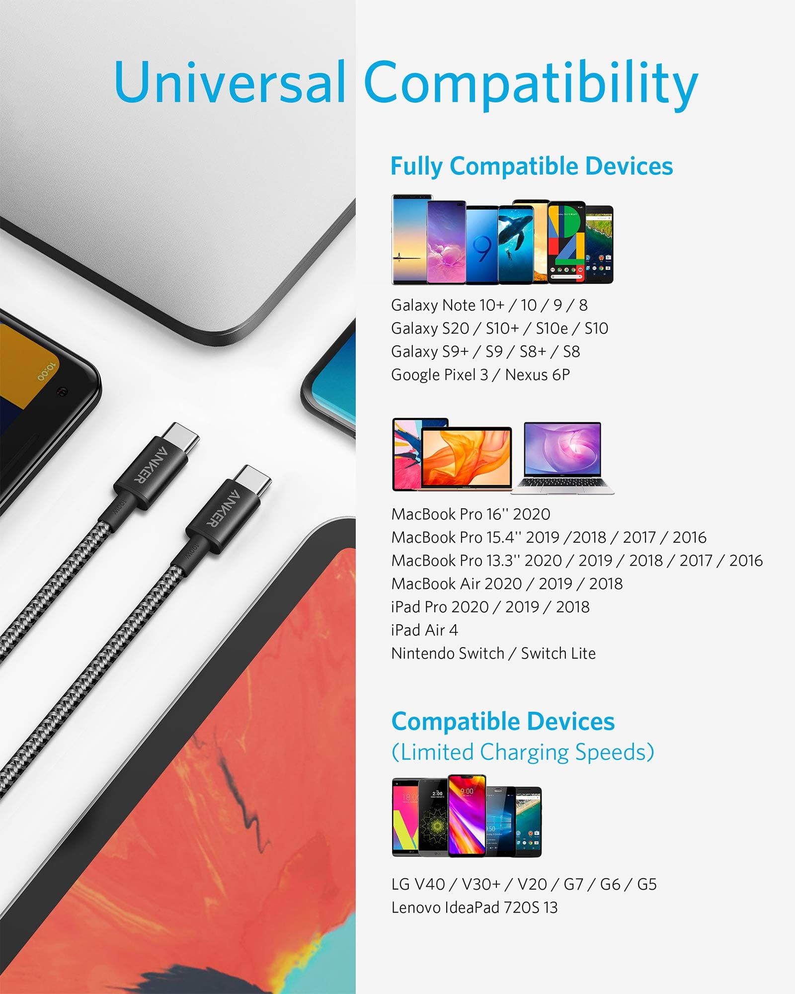 Anker USB C Hub, 556 USB-C Hub (USB4, 8-in-1) with 1.6ft USB4 Cable, 10 Gbps USB-C and USB-A Data Ports, 8K HDMI and DisplayPort New Nylon USB C to USB C Cable 100W 10ft, USB 2.0 Type C Chargi