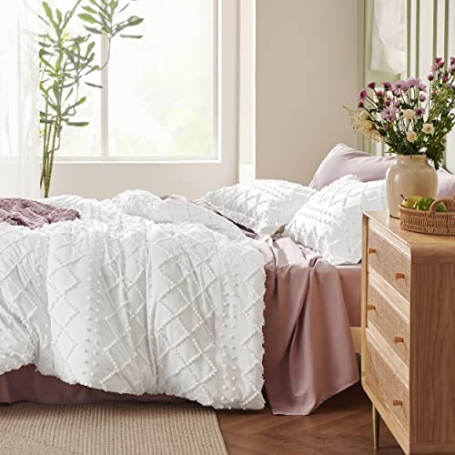 Bedsure Boho Comforter Set King - White Tufted Shabby Chic Bedding Comforter Set for All Seasons, 3 Pieces Western Comforter Set, Farmhouse Modern Bed Set for Women Men Girls