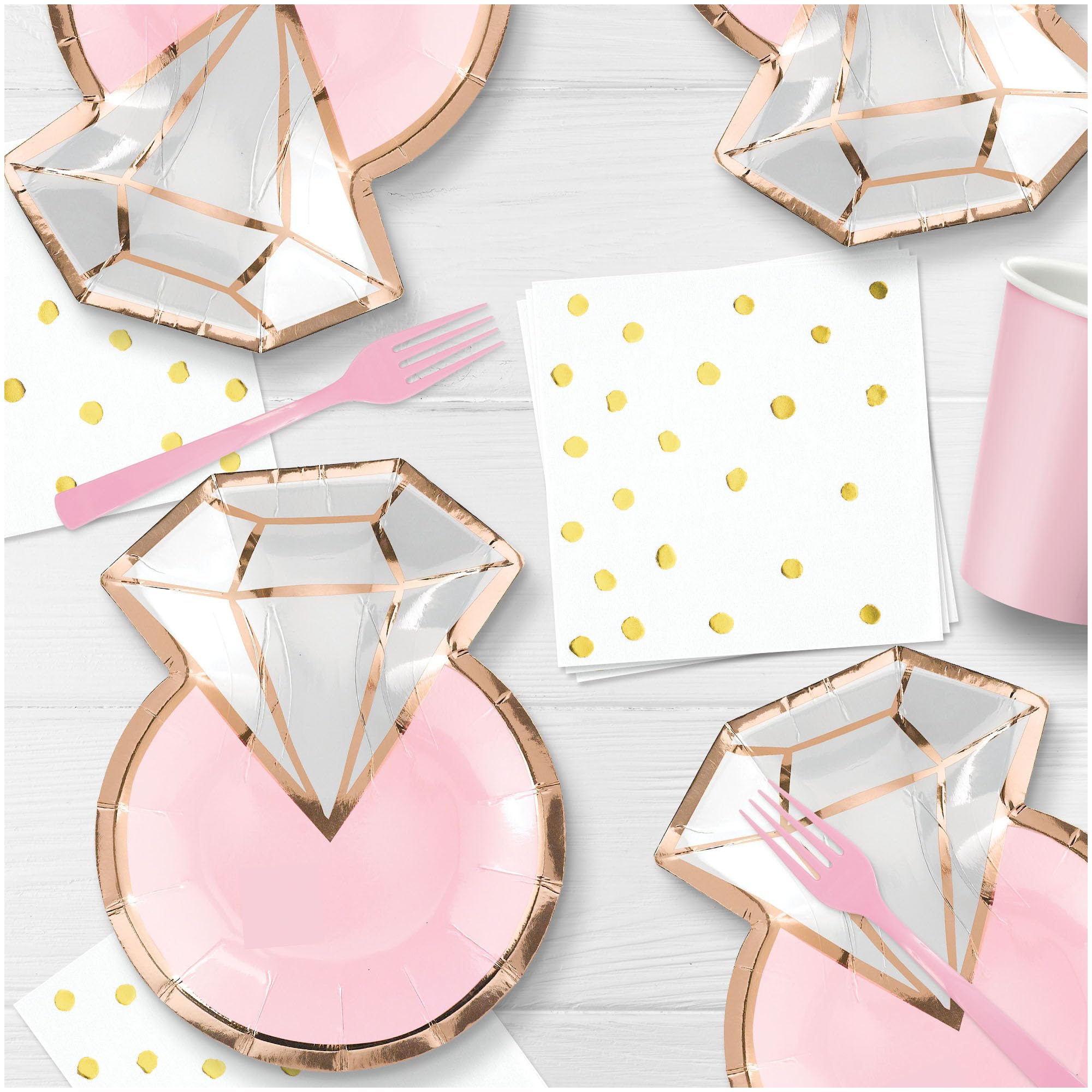 Bridal and Bachelorette Party Supplies - Blush Pink Gold Metallic Diamond Ring Paper Dessert Plates and Beverage Napkins (Serves 16)