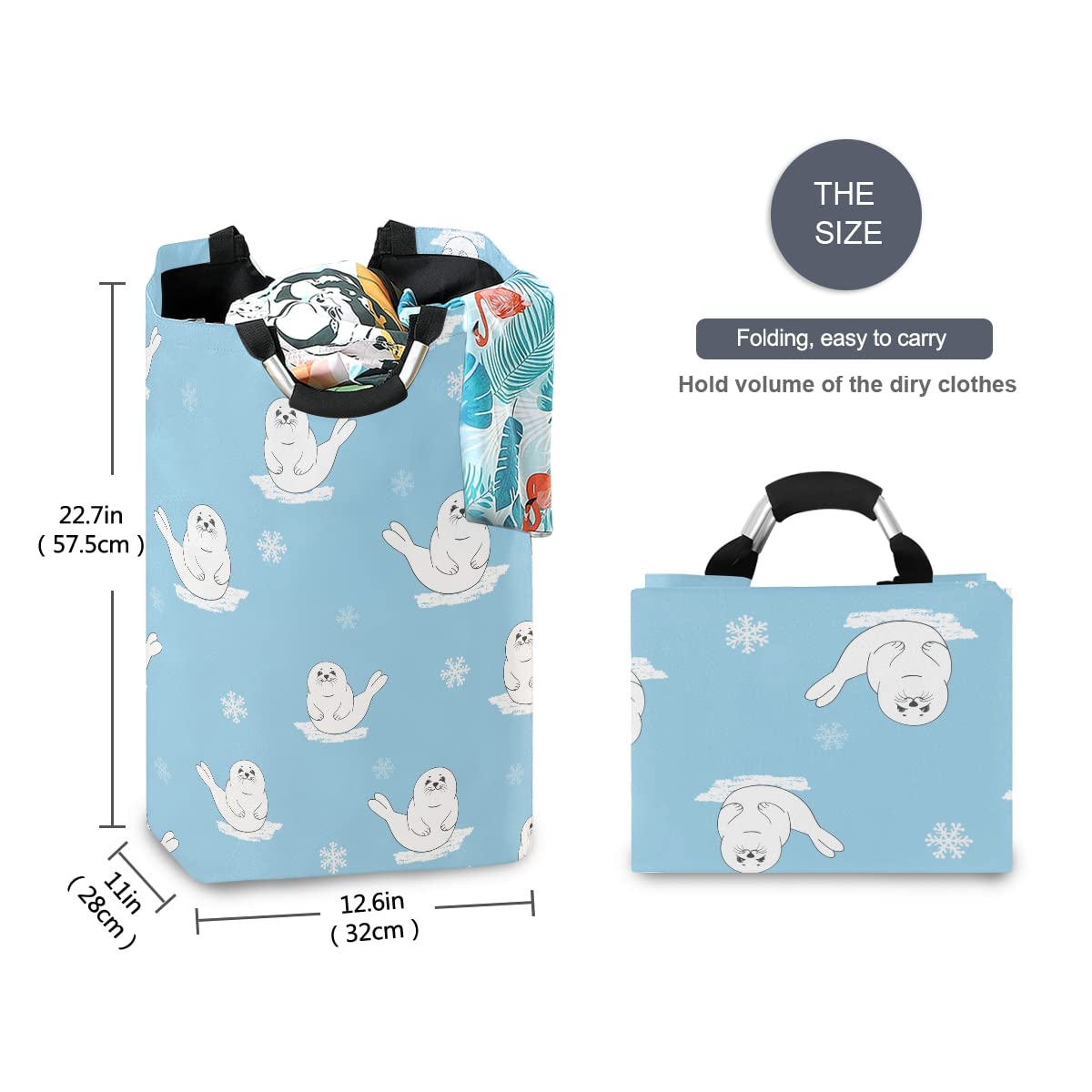DOMIKING Cute Cartoon Baby Seal Pup Laundry Storage Basket Collapsible Organizer Laundry Hamper for Kids Room Dirty Cloth Toy Dorm Bag