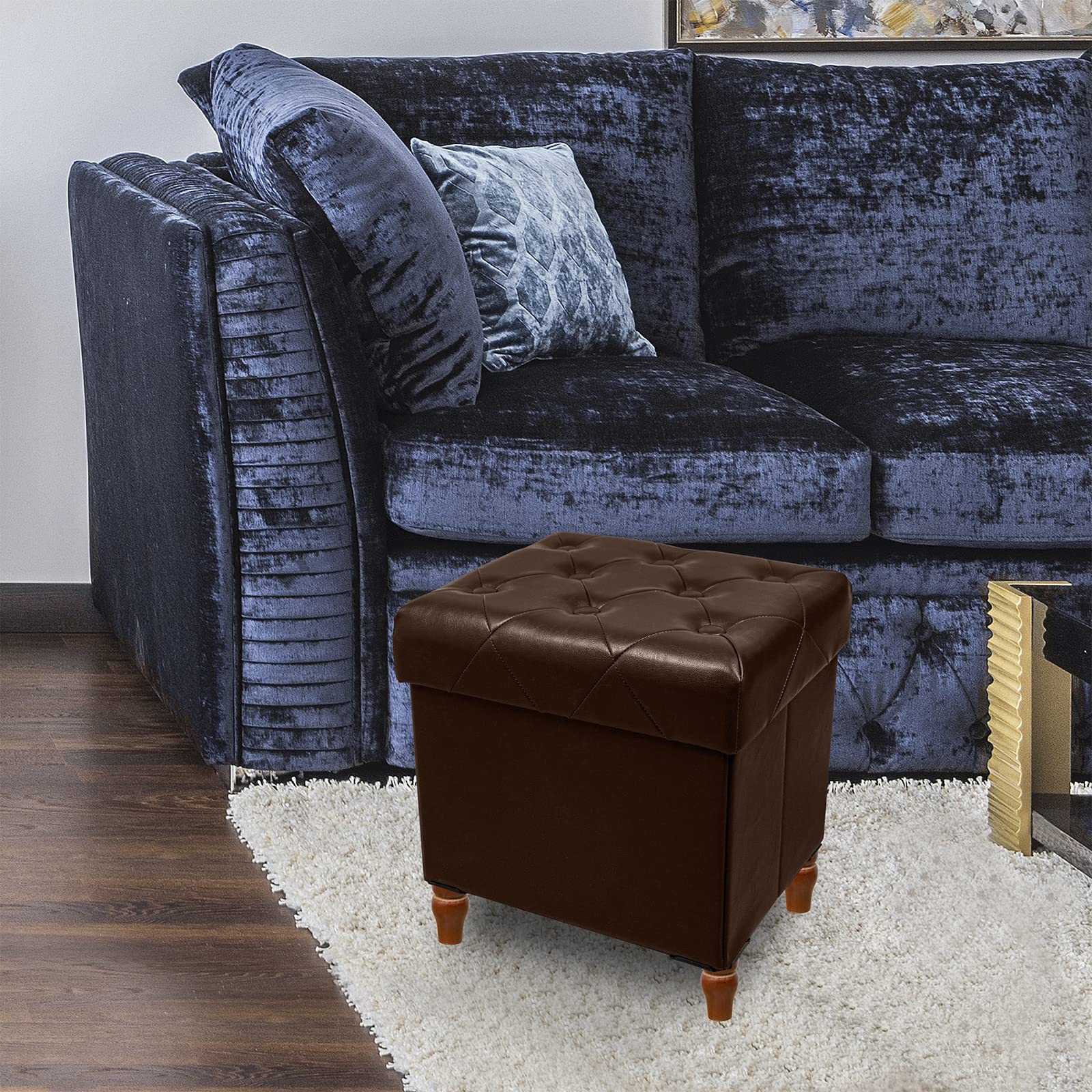 CAROLMADE Folding Storage Ottoman Cube PU Leather Footstool with Wood Legs Toy Storage for Living Room and Bedroom Brown, 15"x12.6"x15.4β