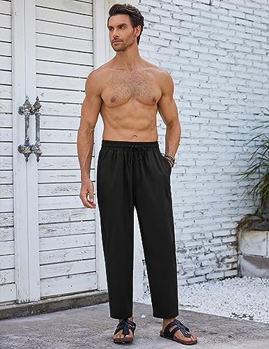 COOFANDY Mens Linen Pants Lightweight Casual Trousers Elastic Waist Yoga Beach Hippie Summer Pants Black