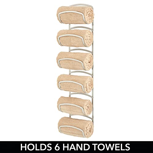 mDesign Steel Towel Holder for Bathroom Wall - Wall Mounted Organizer for Rolled Towels and Bath Robes - Six Level Wall Mount Towel Storage Rack - Bathroom Towel Organizer - Hyde Collection - Satin